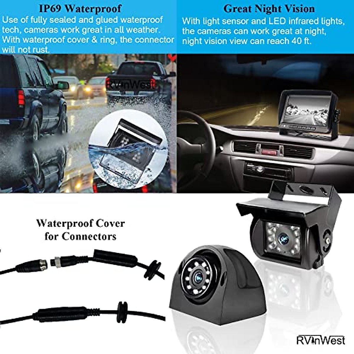 Backup Camera System with 9'' 1080P Monitor for RV Semi Box Truck Trailer Camper, 4 Split Screen Quad View HD DVR Record Monitor + IP69 Waterproof Night Vision Rear Side View Camera Avoid Blind Spot