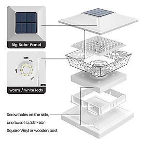 APONUO 5x5 Solar Post Cap Lights White for Vinyl Fence,White Solar Post Cap Lights 2 Color Mode Outdoor Waterproof for Fence Post Caps 4x4,6x6 Wood&4x4 5x5 Vinyl Deck Post Caps,White,6 Pack
