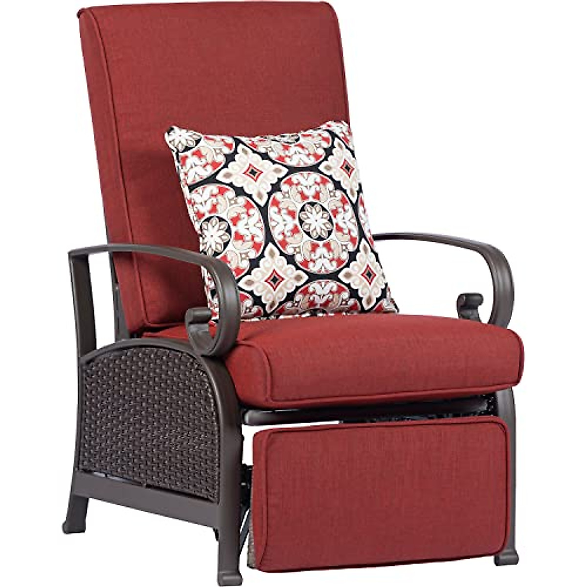 Hanover Madrid Outdoor Patio Recliner, Adjustable Chair, All-Weather Hand-Woven Wicker, Aluminum Frames, Thick Cushions-MADRIDREC-NVY, 1 Piece, Red