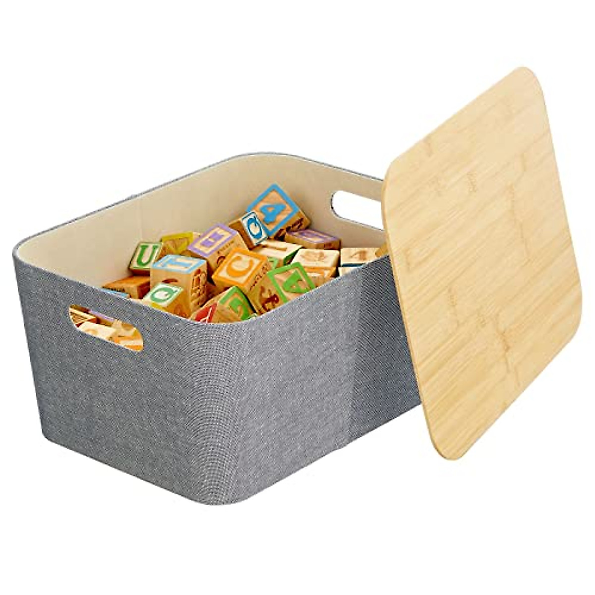 mDesign Fabric Basket with Lid - Stacking Decorative Storage Bin Box with Bamboo Lid Cover for Closet, Bedroom, Living Room or Office - Holds Clothing, Linens, and Accessories, 4 Pack, Navy Blue