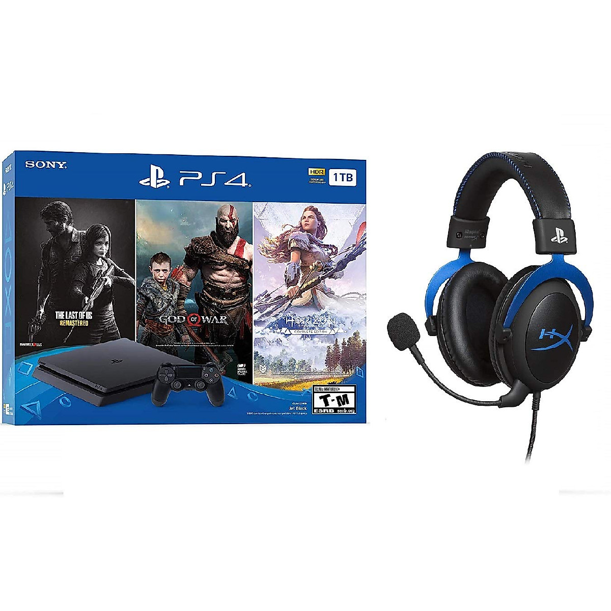 PlayStation 4 Slim 1TB Console + HyperX Cloud Licensed Gaming Noise Cancelling Headset Headphones + 3 Games (God of War, The Last of US, Horizon Zero Dawn) Bundle