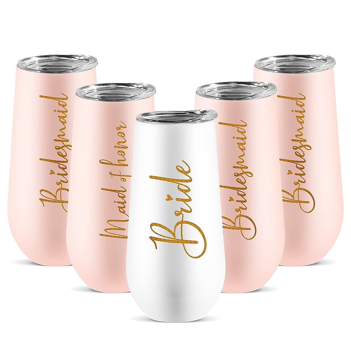 CARAKNOTS Bridesmaid Proposal Gifts Bridesmaid Cups Set of 5 Wedding Champagne Flutes for Bridal Shower Engagement Bachelorette Party Favor Maid of Honor Pink Stainless Steel Tumbler 6 oz