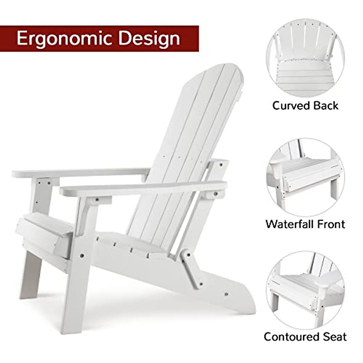Stoog Folding All-Weather Adirondack Chairs Set of 2, 400 lbs Support, Outdoor Plastic Adirondack Chair, Looks and Feels Like Wood for Garden, Lawn, Deck, Pool, White