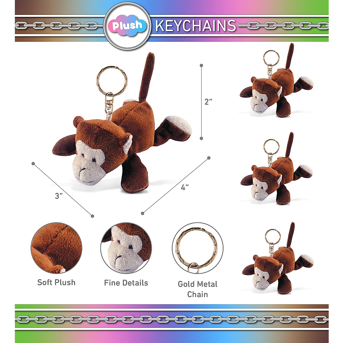 Puzzled Monkey Plush Keychain Stuffed Animal Toy - Soft Wild Life Animal Brown Chimp Charm Keyring, Cute Decorative Plush Toy Accessory Fun Buddy - 4 Inches