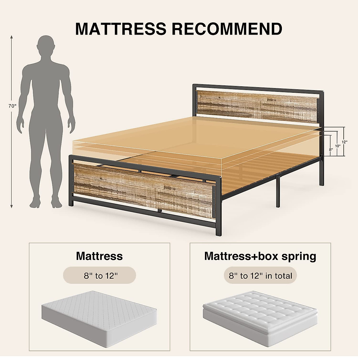 Gizoon Queen Metal Platform Bed with Wooden Headboard, 15 Inch Iron Slats, Large Under-Bed Storage, No Noise, No Box Spring Needed, Easy Assembly, Grey