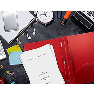 Better Office Products Red Plastic 2 Pocket Folders with Prongs, Heavyweight, Letter Size Poly Folders, 24 Pack, with 3 Metal Prongs Fastener Clips, Red