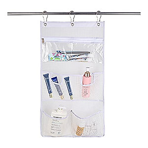 Dearjana Mesh Shower Caddy with Touch-sensative Pocket, Bathroom Hanging Mesh Bath Organizer Shower Curtains Rod Hanging Caddies with 3 Rings, Bathroom Accessories Organization, Space Saving(White)