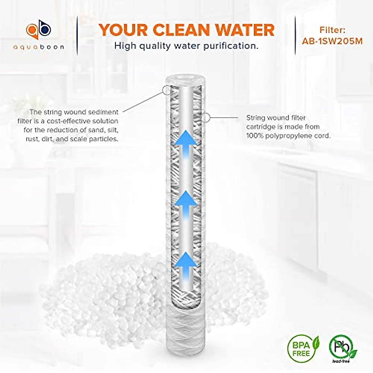 Aquaboon 5 Micron 20" x 2.5" String Wound Sediment Water Filter Cartridge | Universal Replacement for Any 20 inch RO Unit | Compatible with 101-230, PD-5-20, AP110-2C, P5-20, CFS124-C20, 10-Pack