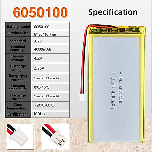AKZYTUE 3.7V 4000mAh 6050100 Lipo battery Rechargeable Lithium Polymer Ion Battery Pack with PH2.0mm JST Connector