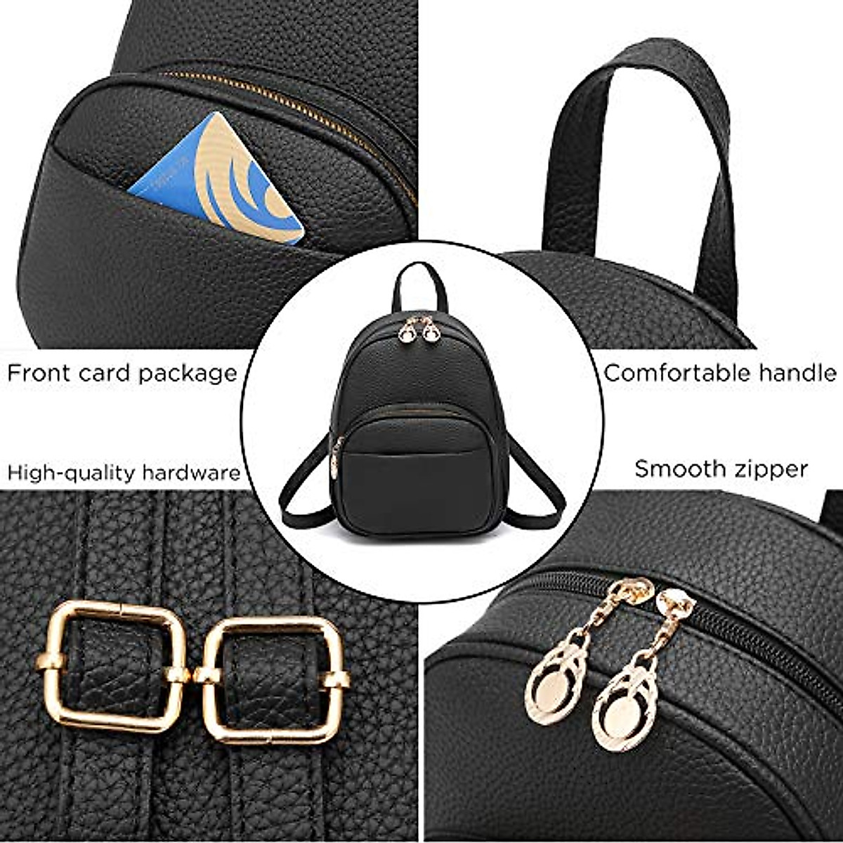 Small Leather Backpack Mini Cute Casual Daypack Fashion Zippered Pockets Crossbody Bags for Women Girl (Black)
