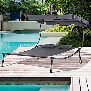 Outsunny Patio Double Chaise Lounge Chair, Outdoor Wheeled Hammock Daybed with Adjustable Canopy and Pillow for Sun Room, Garden, or Poolside, Grey