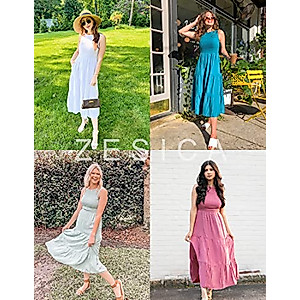 ZESICA Women's 2023 Summer Casual Sleeveless Crew Neck Smocked High Waist Flowy Tiered A Line Midi Dress,Watermelon,Medium