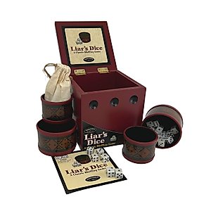 Front Porch Classics Liar's Dice - Exciting Bluffing Game in Wooden Dice Box with 4 Shakers, 20 Dice, Storage Bag - Unplugged Family Entertainment for 2-4 Players, Ages 8+
