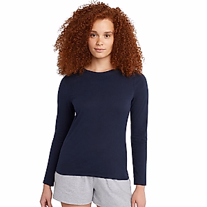 Hanes Long Sleeve Cotton T-Shirt, Lightweight Crewneck Tee for Women, Modern Fit, Navy, 2X Large