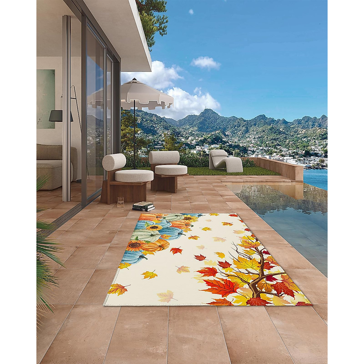Thanksgiving Fall Outdoor Rugs for 5'x8' Patios Clearance, RV Camping Mat Rug Portable Outside Rug Indoor Outdoor Area Rug Mat for Beach Deck Pool Pumpkin Autumn Maple Leaves