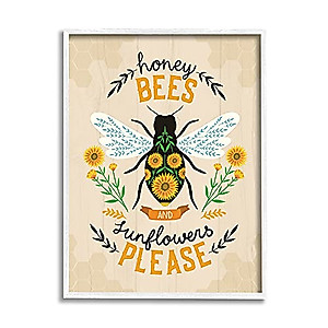 Stupell Industries Honey Bees Sunflowers Please Spring Garden Floral Phrase, Designed by Louise Allen White Framed Wall Art, Beige