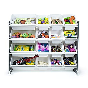 Humble Crew Kids Toy Organizer with 16 Storage Bins, Grey/White