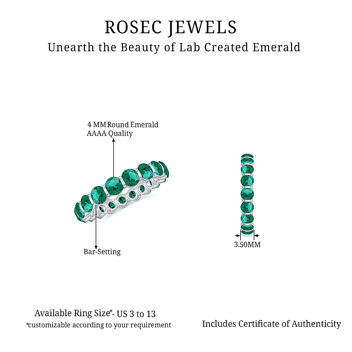 Rosec Jewels Certified Lab Grown Emerald Eternity Band Ring, AAAA Quality, Emerald Anniversary Ring for Women - Ready To Gift, 14K Yellow Gold, Size:US 9.00