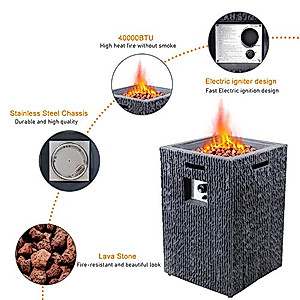19 inch Outdoor Propane Fire Pit Table, 40,000 BTU Patio Gas Heater Column with Vertical Texture Surface, Red Lava Rocks, and Waterproof Cover
