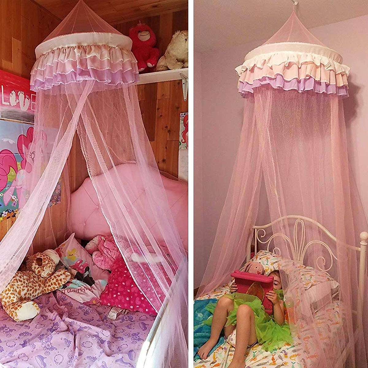HAPPYGRILL Bed Canopy Mosquito Net Princess Fairy Net with Elegant Ruffle Lace for Girls and Baby (Pink)