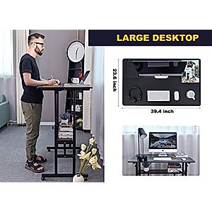 AIZ Mobile Standing Desk, Adjustable Computer Desk Rolling Laptop Cart on Wheels Home Office Computer Workstation, Portable Laptop Stand Tall Table for Standing or Sitting, Black, 39.4" x 23.6"