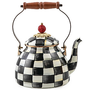 MACKENZIE-CHILDS Enamel Tea Kettle, Stylish Tea Kettle for Stovetop, Black-and-White Courtly Check, 2 Quarts