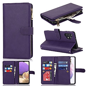 Jaorty Samsung Galaxy A32 5G Wallet Case,[9 Card Slots] Removable Adjustable Crossbody Necklace Lanyard Shoulder Strap Zipper Magnetic Leather Case for Samsung Galaxy A32 5G,6.5 inch Purple