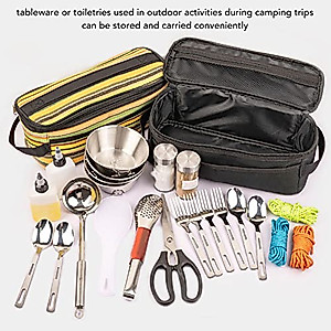 Camping Tableware Storage Bag, Thickened Canvas Green Stripe Camping Utensil Bag Double Handle for Travel