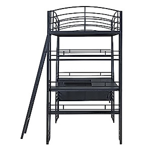 GJHOME Twin Size Loft Bed with 4 Layers of Shelves and L-Shaped Desk, Stylish Metal Frame Bed with a Set of Sockets, USB Ports and Wireless Charging, Black