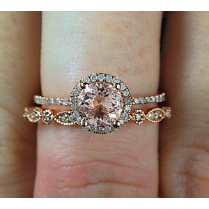 Koguxuix 18K Rose Gold Ring Set Pink Elegant Morganite CZ Crystal Gemstone Wedding Bridal Ring Set (9)