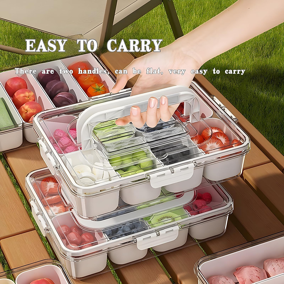 Snackle Portable Charcuterie Container, Upgraded Divided Serving Tray With Lid and Handle, Disposable Fork and Spoon Storage Box for Party, Travel, Kitchen Seasoning Organizer