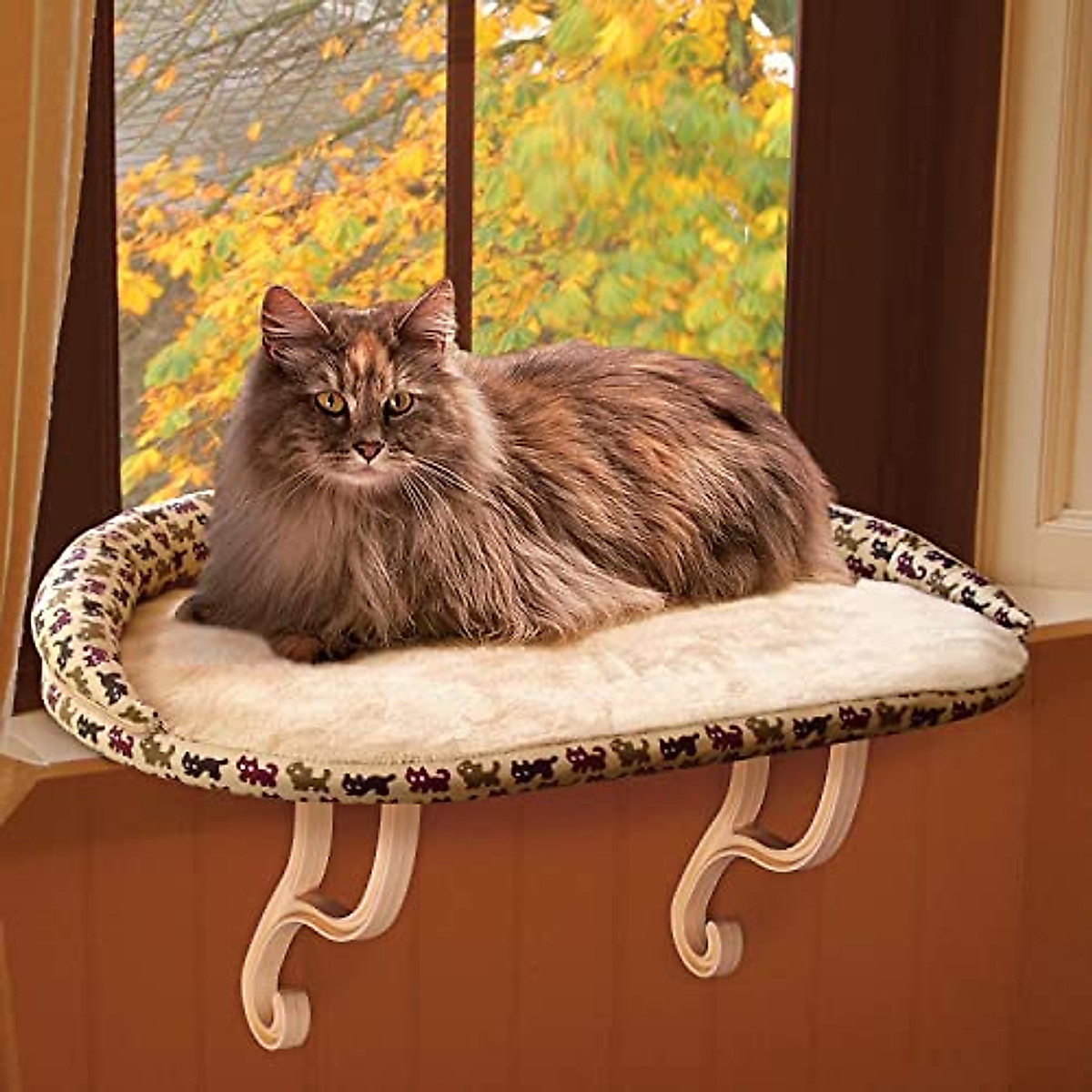 K&H Pet Products Deluxe Kitty Sill w/ Bolster Cat Window Bed, Cat Window Perch for Large Cats, Cat Window Hammock, Cat Window Seat, Window Cat Bed, Cat Perch Cat Hammock –Tan Kitty Print