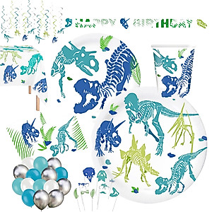 Serves 24 Ultimate Dinosaur dino Watercolor Party Supplies Includes Plates,Napkins,Table Covers,Balloons, Banner, Swirls, Photo props ideal for Birthday, Dinosaur Skeleton Theme Party Decor