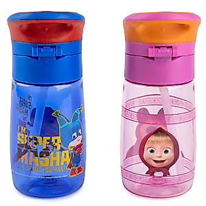 Masha and the Bear 14oz Kids Water Bottle With Straw - Spill Proof Straw Valve, Pop Button, BPA Free Water Bottle for Kids School - Featuring Soft Silicone Handle Grip - Children's Drinkware - Blue