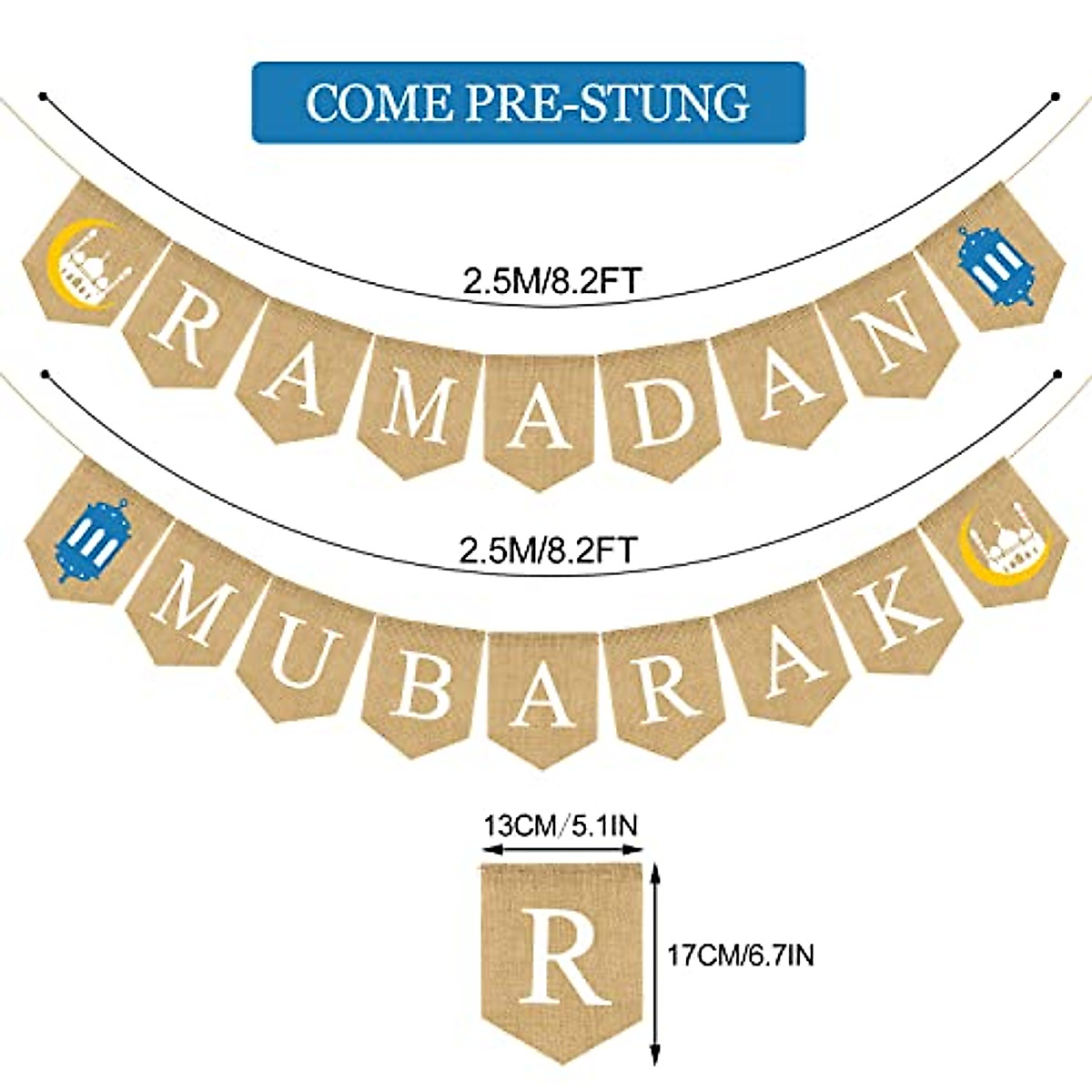 PTFNY Ramadan Mubarak Burlap Banner Muslim Ramadan Mubarak Bunting Banner Garland with Moon Castle Lantern Signs for Islamic Ramadan Eid Festival Celebration Mantle Fireplace Wall Party Decorations