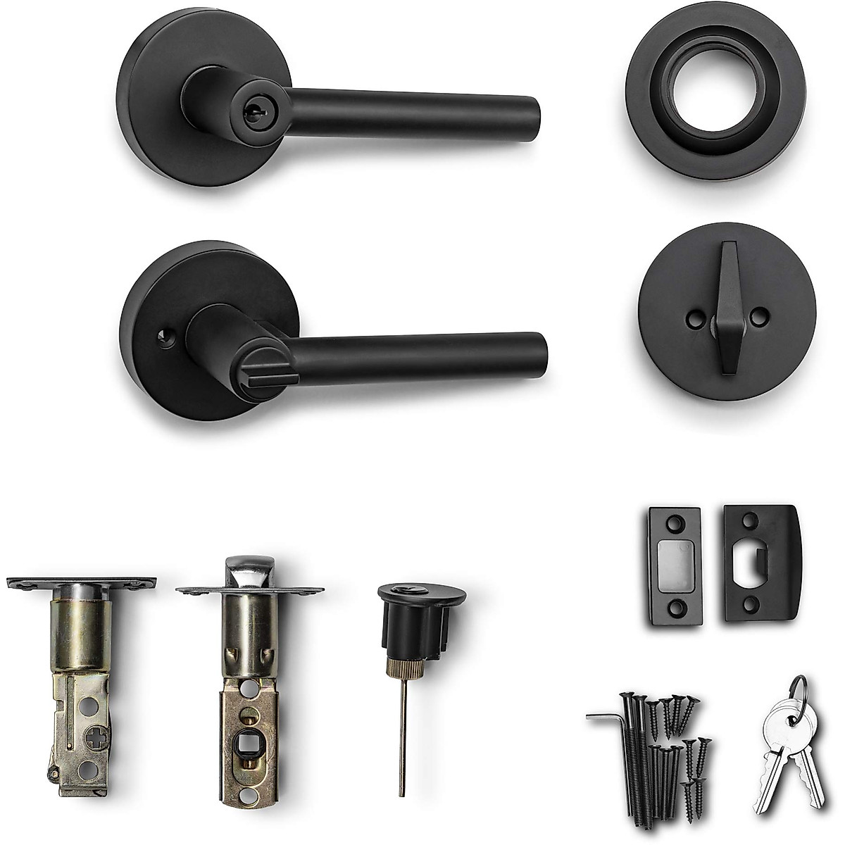 Berlin Modisch Entry Lever Door Handle and Single Cylinder Deadbolt Lock and Key Sleek Round Locking Lever Handle Set [Front Door or Office] Right & Left Sided Doors Heavy Duty – Iron Black Finish
