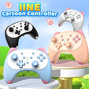 IINE Cute Switch Controller, Bluetooth Cartoon Kitten Switch Controllers Wireless, Kawaii Light Switch Gaming PC Controller with TURBO/Double Vibration Function, White