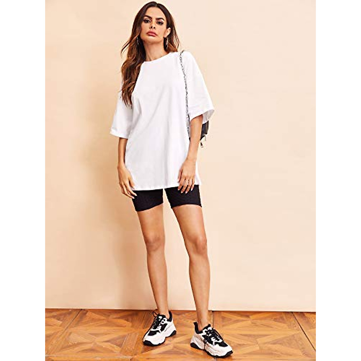 Verdusa Women's Casual Basic Round Neck Half Sleeve Oversized Tunic Tee Shirt White L