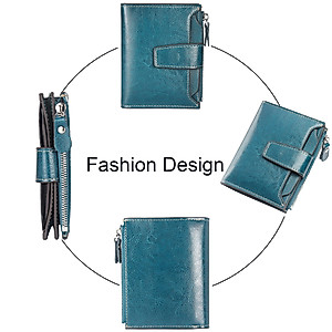 Lavemi Small Compact Women Wallet RFID Blocking Genuine Leather Bifold Purse with ID Windows(Peacock Green)