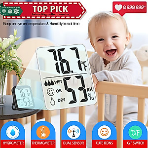 Antonki 2 Pack Room Thermometer for Home, Indoor Hygrometer Humidity Meter Gauge, Digital Temperature and Humidity Sensor Monitor for House, Terrarium, Incubator, Greenhouse - Battery Included