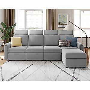 LINSY HOME Modular Sectional Sofa, Upgraded High Back Sectional Couch with 4 Headrests, L Shaped Sofa Bed with Storage, Sofa Covers Removable, 5 Seat Couch with Ottoman for Living Room, Grey