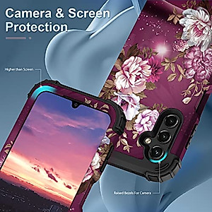 Hocase Heavy Duty Shockproof Protection Soft Silicone Rubber Bumper+Hard Plastic Hybrid Protective Case for Samsung Galaxy A14 5G (6.6" Display) 2023 - Burgundy Flowers