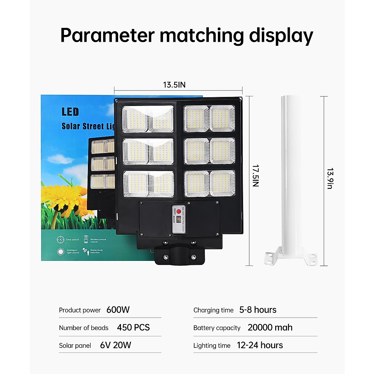 600W Solar Street Lights Outdoor ,20000mah high-capacity battery, 60000LM High Brightness LED Lamp, with Motion Sensor and Remote Control, for Parking Lot, Yard, Garden, Patio, Stadium, Piazza
