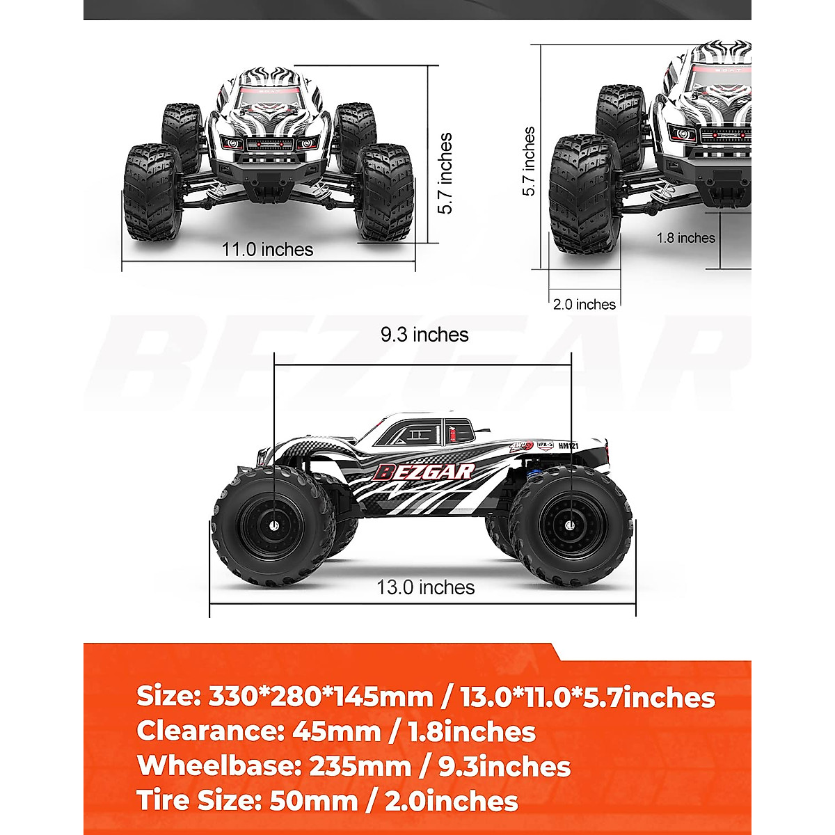 BEZGAR HM121 1:12 Scale RC Truck - 4x4 Offroad Waterproof High Speed 45+ KM/H Remote Control Truck for All Terrains, 2.4Ghz 4WD Fast RC Cars for Adults and Kids Boys with 2 Rechargebale Batteries
