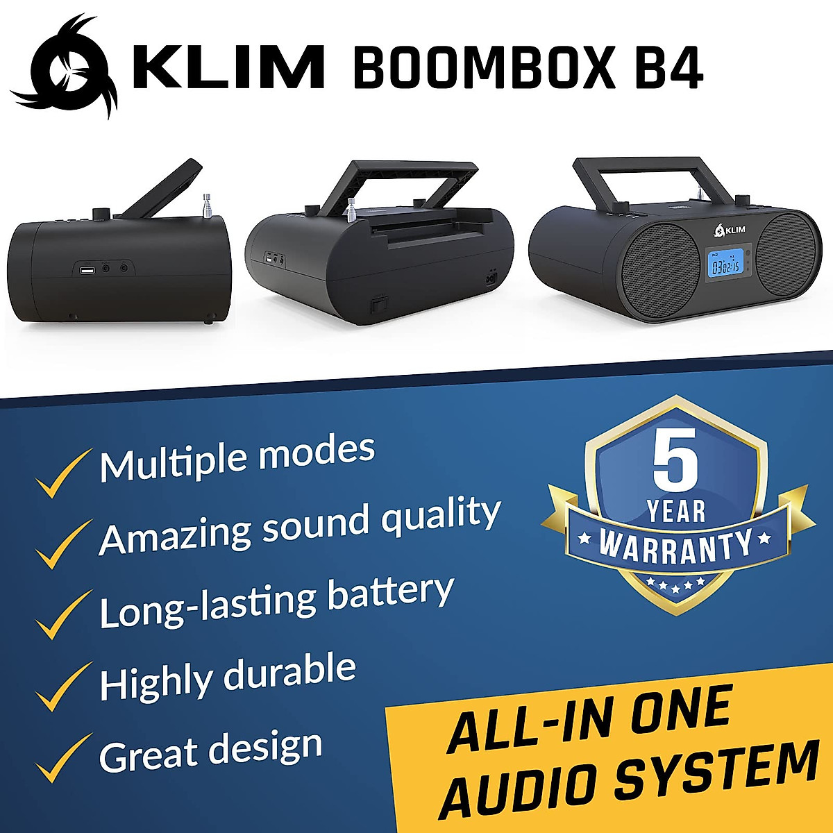 KLIM Boombox B4 CD Player Portable Audio System + AM/FM Radio with CD Player, MP3, Bluetooth, AUX, USB + Wired & Wireless Mode, Rechargeable Battery + Remote Control, Autosleep, Digital EQ + New