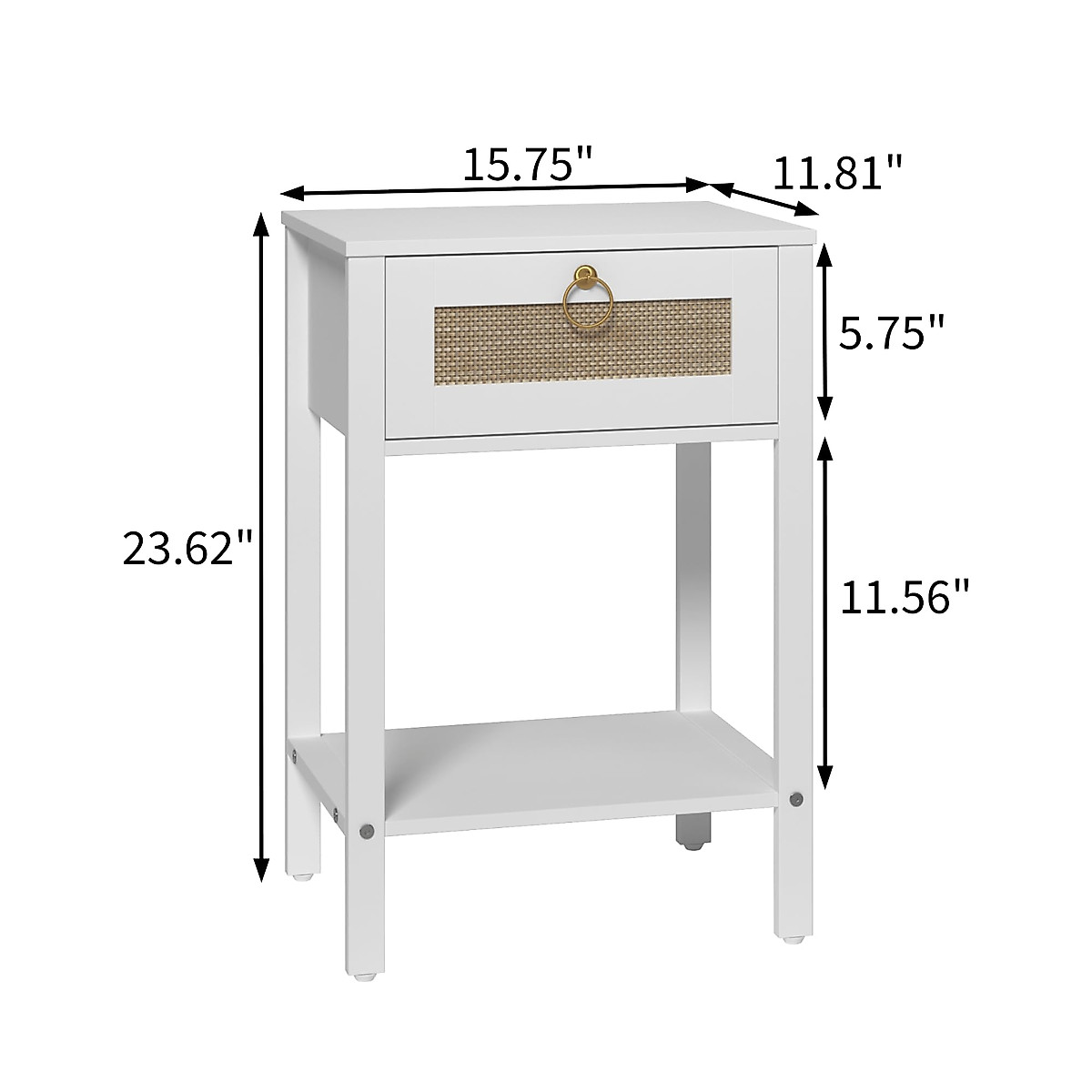 JOONEE Rattan Nightstand，Modern Farmhouse Bedside Table with Storage Drawer and Shelf (White)