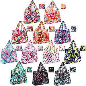 12 Pieces Reusable Grocery Bags Large Nylon Reusable Bags Foldable Shopping Bags Grocery Tote Machine Washable Heavy Duty Friendly Bags Waterproof with Pouch Tote Bags, Classic Style Multicolor