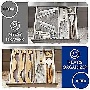 Bamboo Foil and Plastic Wrap Organizer, 3 In 1 Plastic Wrap Foil and Wax Paper Dispenser With Cutter, Aluminum Foil Organization and Storage for Kitchen Drawer, Sturdy & Reusable Fits 12" Roll