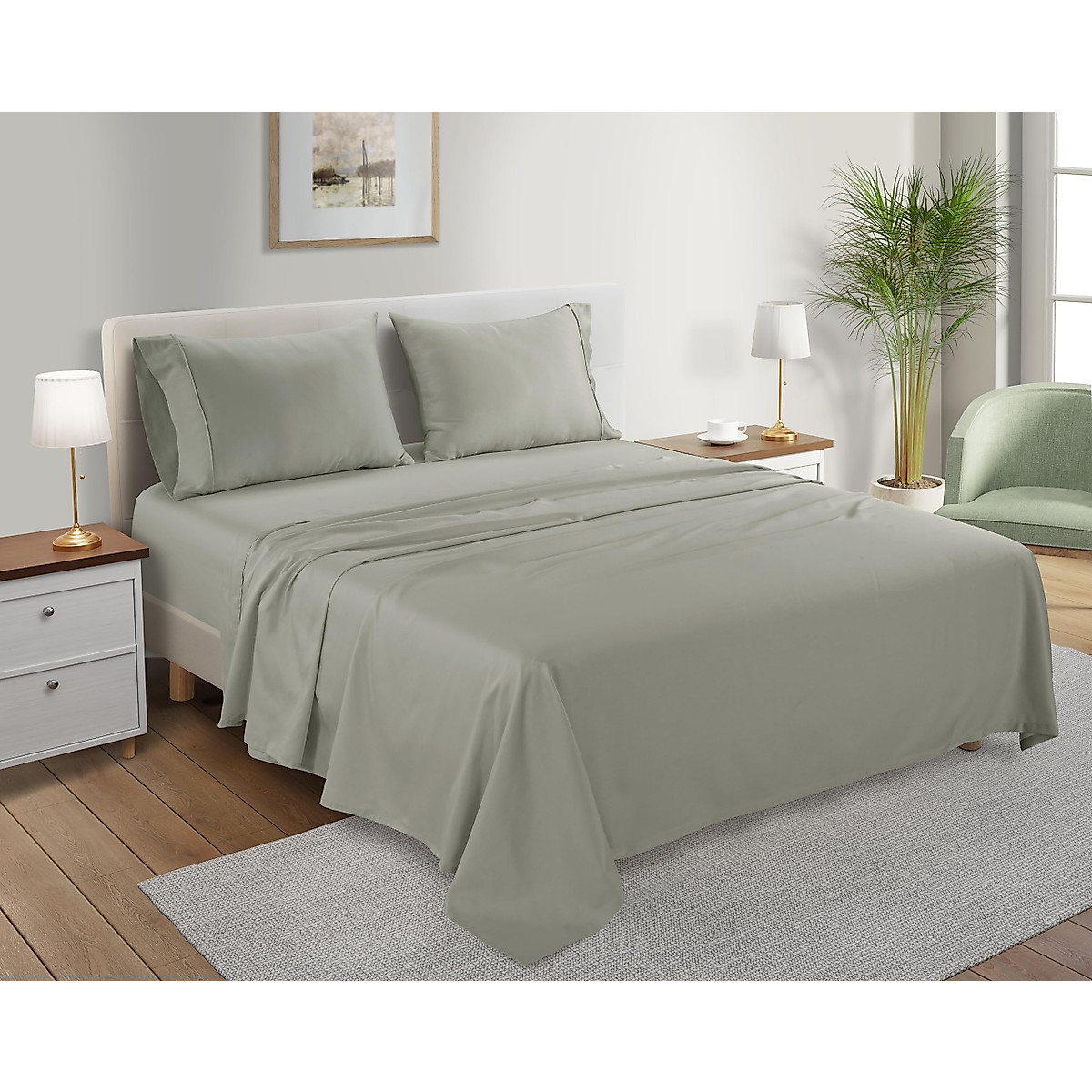 100% Organic Cotton Queen Sheet Set & Standard Pillowcases Set of 2 Combo- 300 Thread Count Long Staple Cotton Sheets,3 Pc Queen Size Sheets & Standard Pillowcases, Sateen Sheets, Breathable - Sage