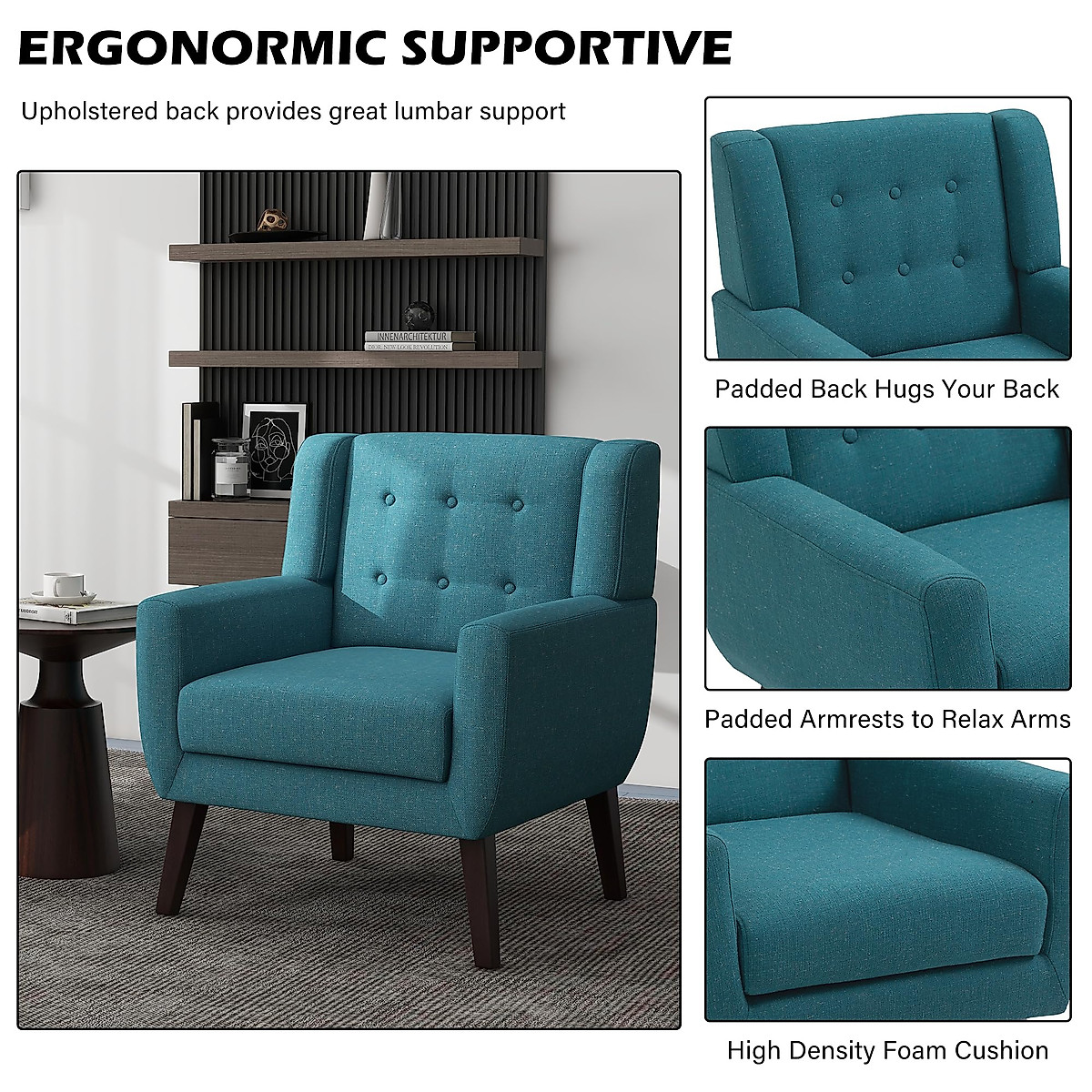 UIXE Accent Chairs Set of 2, Modern Living Room Arm Chair Button Tufted Armchair, Comfy Upholstered Club Lounge Sofa Seat Reading Chair Bedroom Side Seating for Home Office (Turquoise Blue)